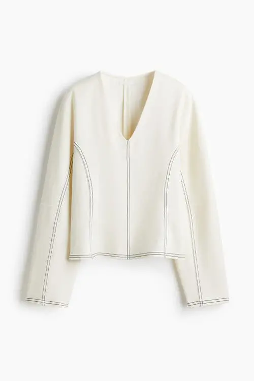 H&m V-neck Textured Jersey Top With Voluminous Sleeves