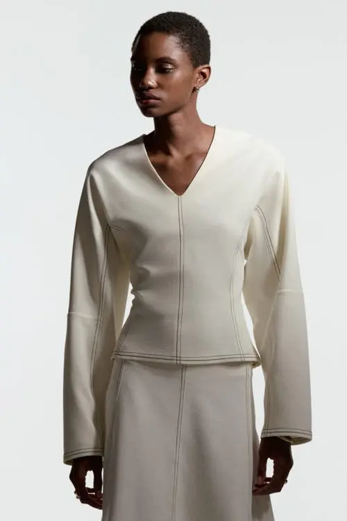 H&m V-neck Textured Jersey Top With Voluminous Sleeves