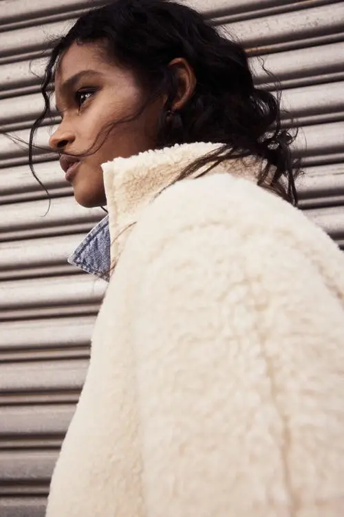 H&m Teddy Jacket With Funnel Neck And Zip Closure - Light Beige