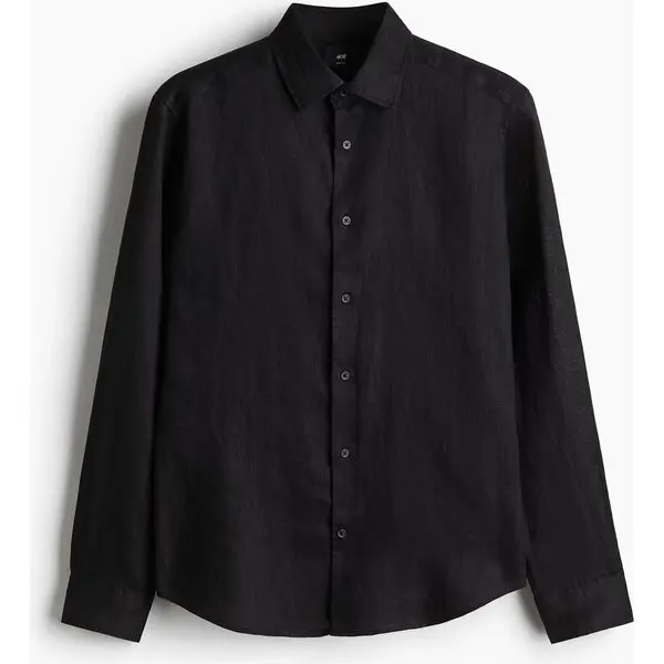 H&m Slim Fit Linen Shirt - Black