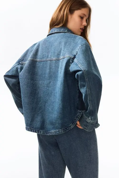 H&m Cotton Twill Shacket With Classic Collar - Denim Blue