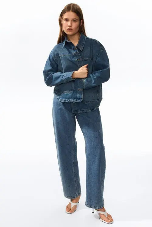 H&m Cotton Twill Shacket With Classic Collar - Denim Blue