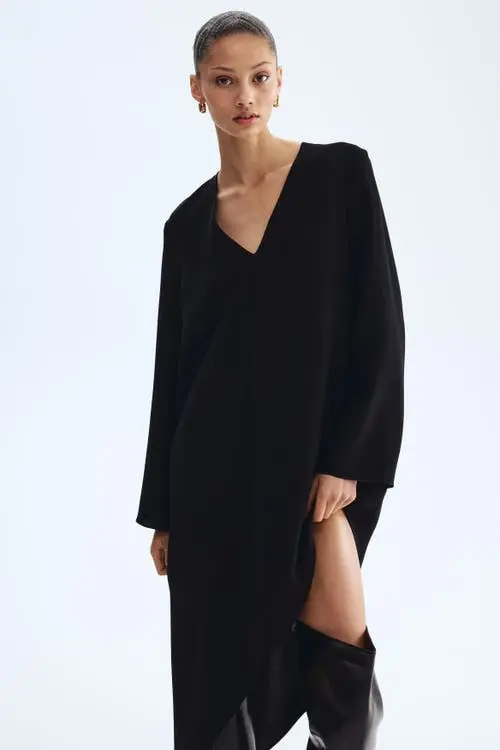 H&m Asymmetrical V-neck Long Sleeve Dress - Black