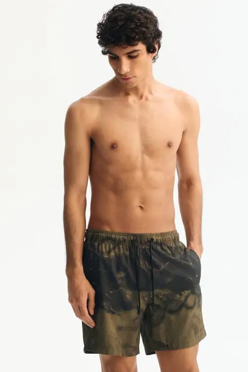 H&m Swim Shorts With Drawstring Waist - Khaki Green/tie-dye