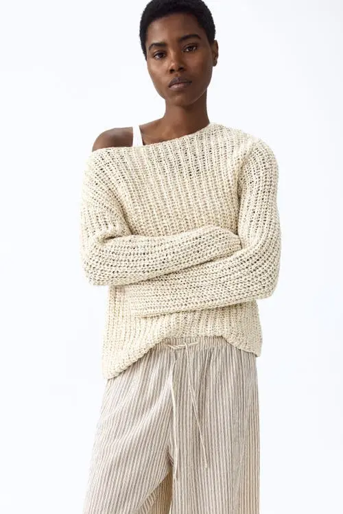 H&m Wide Leg Drawstring Trousers - Light Beige/striped