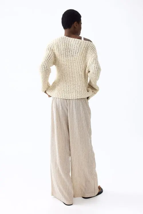 H&m Wide Leg Drawstring Trousers - Light Beige/striped