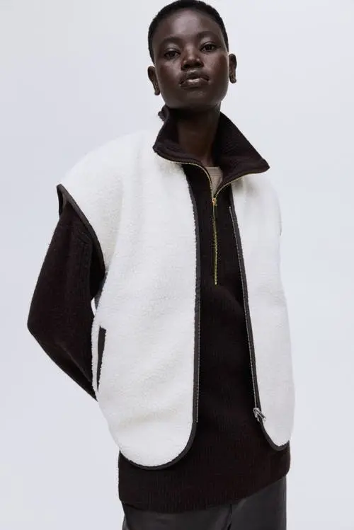 H&m Teddy Gilet With Welt Pockets - Cream