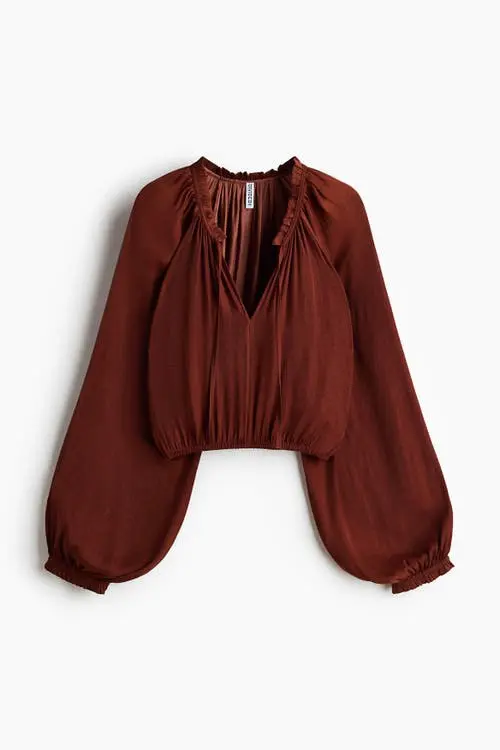 H&m Balloon-sleeved Blouse With Frill Collar - Dark Brown