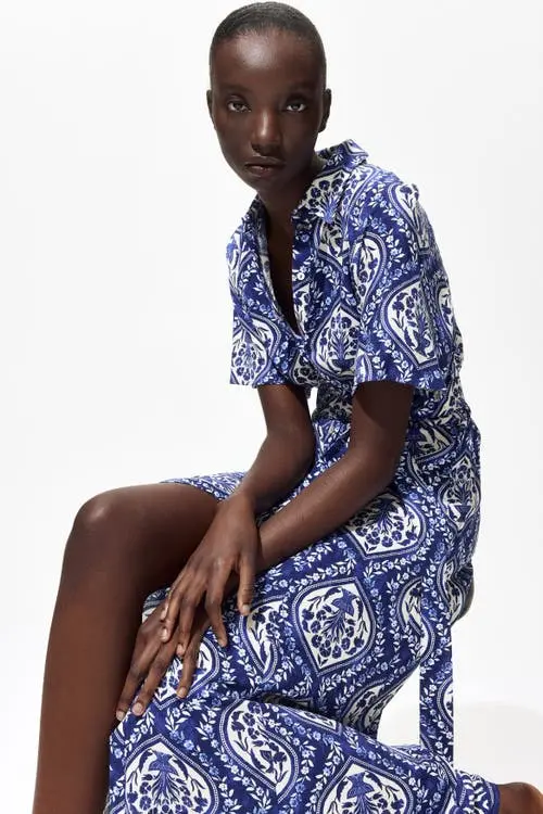H&m Belted Tie Shirt Dress With Raglan Sleeves - Blue/white Patterned
