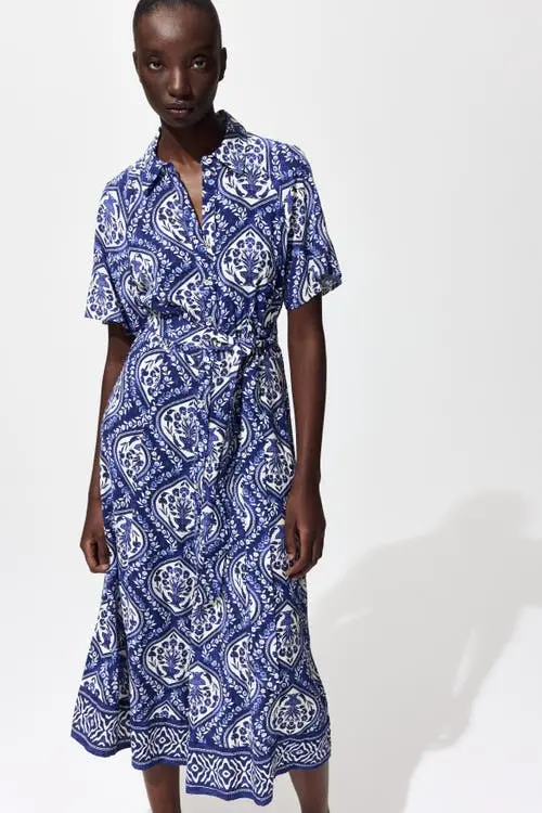 H&m Tie-belt Printed Shirt Dress