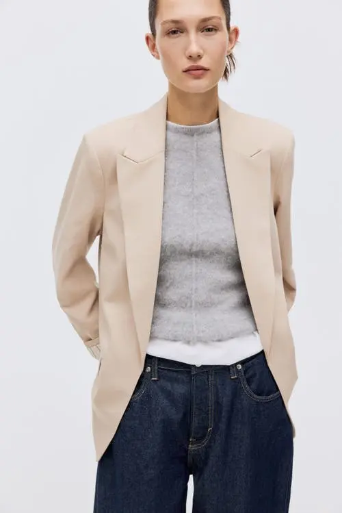 H&m Twill Blazer With Peak Lapels - Light Beige
