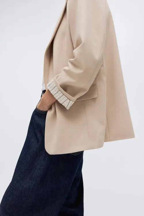H&m Twill Blazer With Peak Lapels - Light Beige