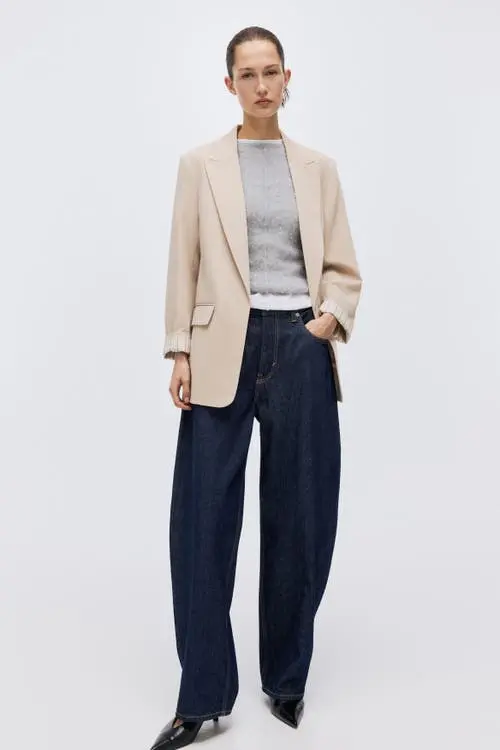 H&m Twill Blazer With Peak Lapels - Light Beige