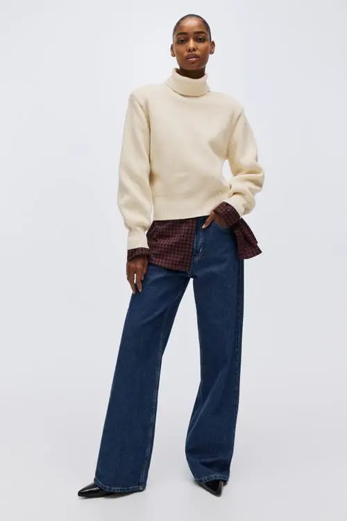H&m Ribbed Roll Neck Jumper With Padded Shoulders - Cream