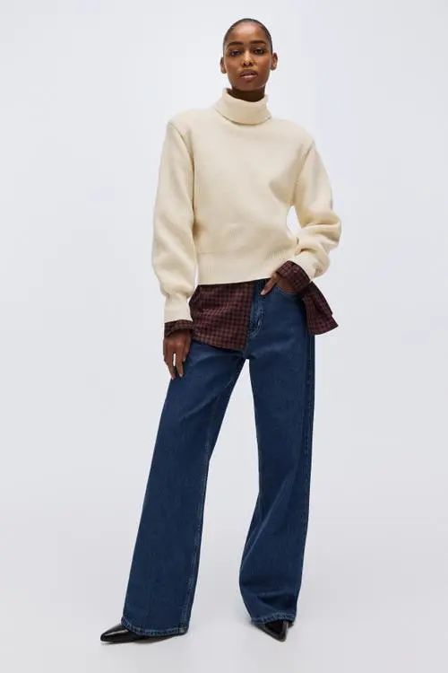 H&M Ribbed Roll Neck Jumper With Padded Shoulders - Cream
