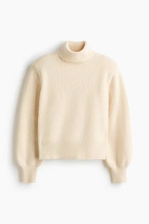 H&M Ribbed Roll Neck Jumper With Padded Shoulders - Cream