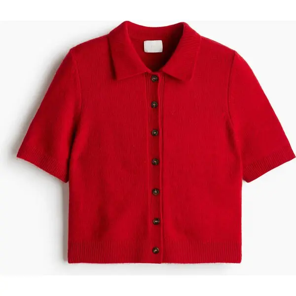 H&m Short-sleeved Collared Knit Cardigan - Red