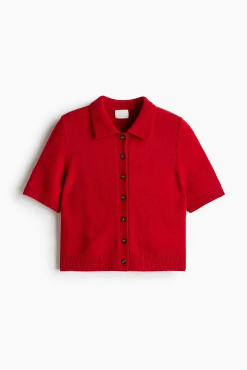 H&M Short-sleeved Collared Knit Cardigan - Red