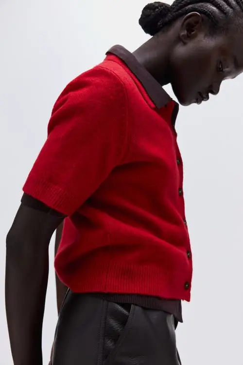 H&M Short-sleeved Collared Knit Cardigan - Red
