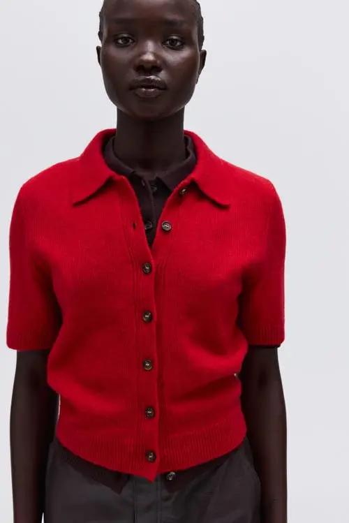 H&M Short-sleeved Collared Knit Cardigan - Red