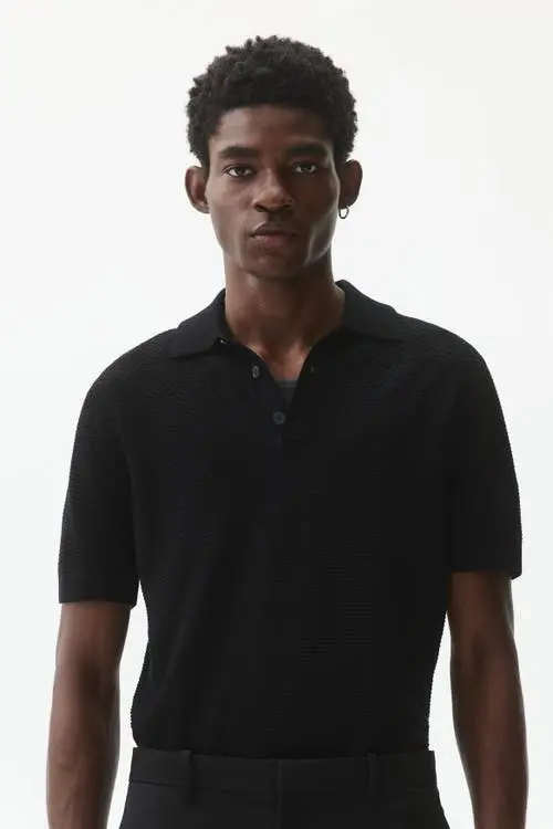 H&m Slim Fit Textured Polo Shirt - Black