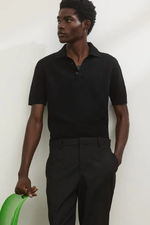H&m Slim Fit Textured Polo Shirt - Black