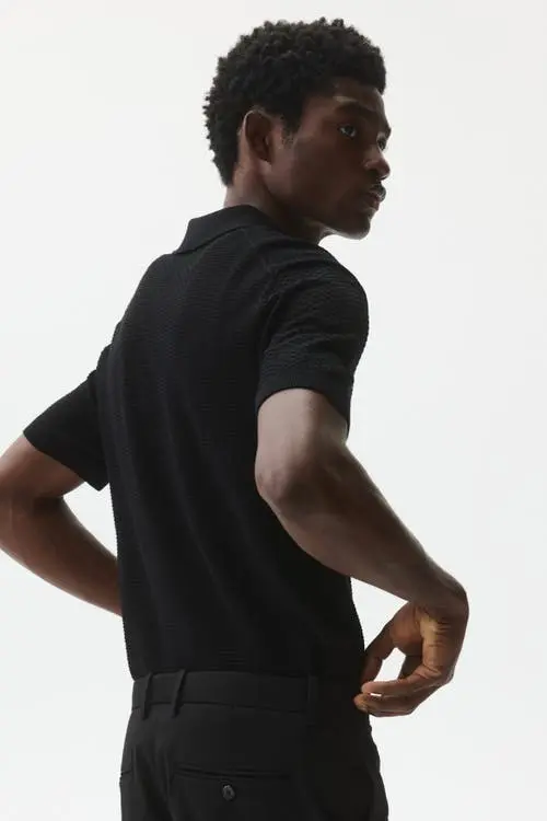 H&m Slim Fit Textured Polo Shirt - Black