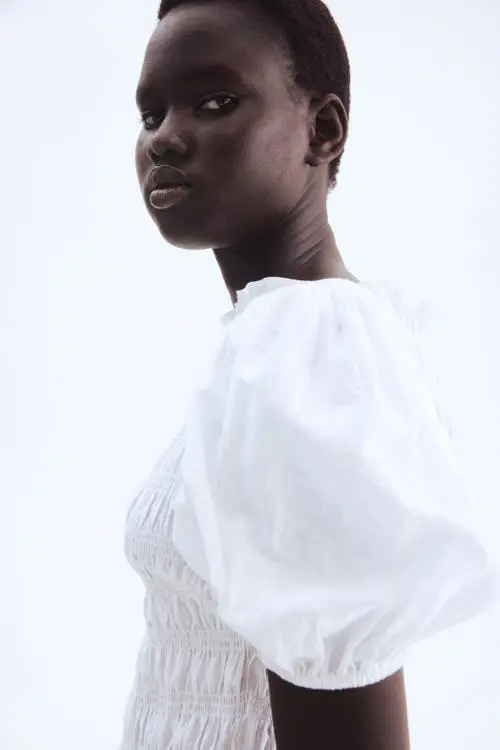 H&m Smocked Blouse With Puff Sleeves - White