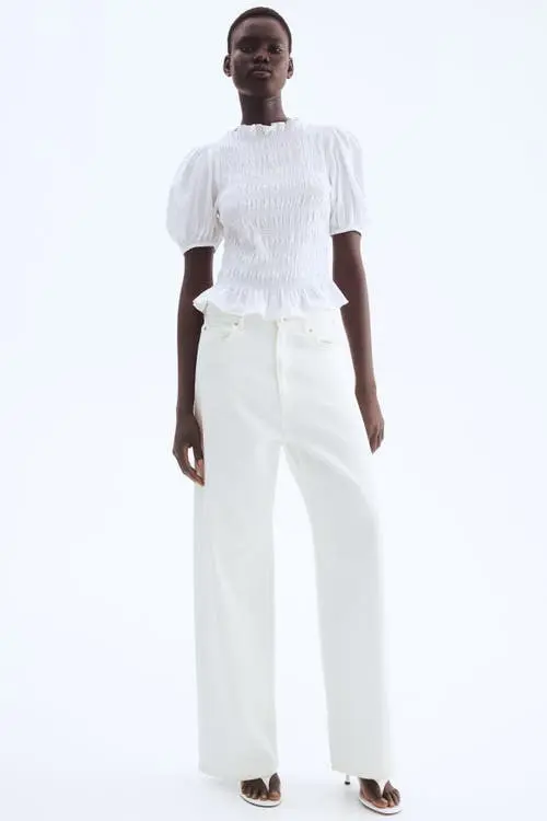 H&m Smocked Blouse With Puff Sleeves - White