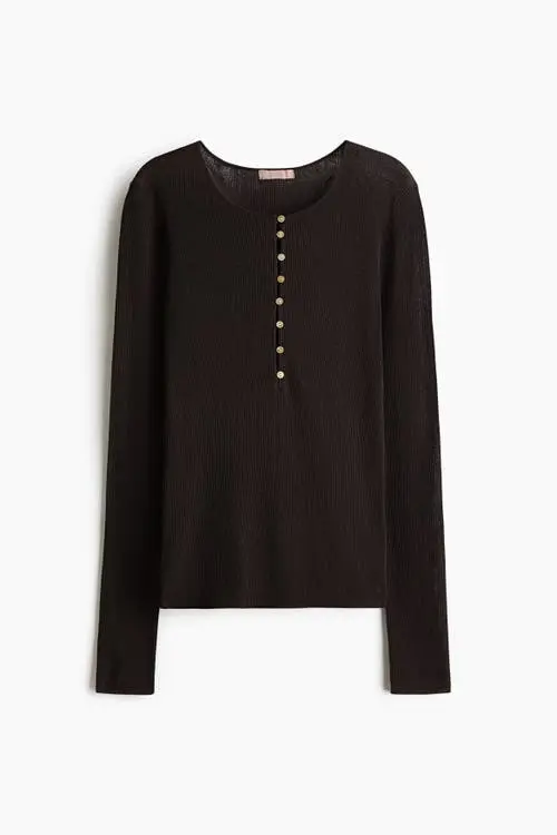 H&m Ribbed Henley Top With Buttons