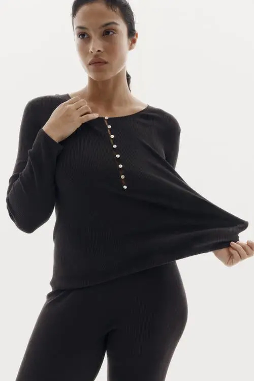 H&m Ribbed Henley Top With Buttons