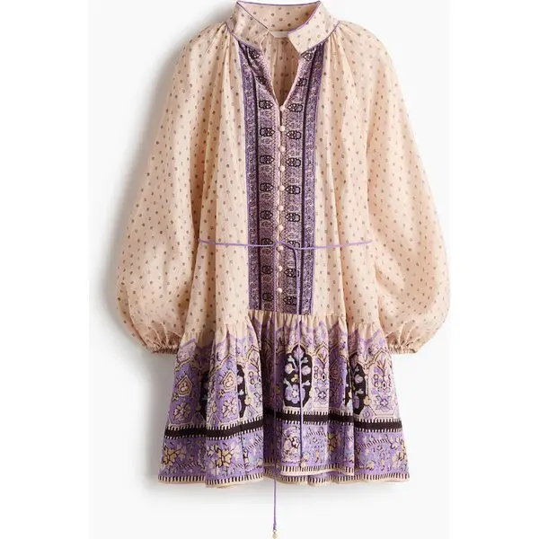 H&m Short Balloon Sleeve Tunic Dress With Tie Belt - Light Beige/patterned