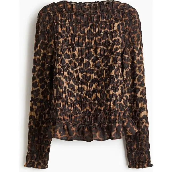 H&m Smocked Top With Frill Trims - Beige/leopard Print