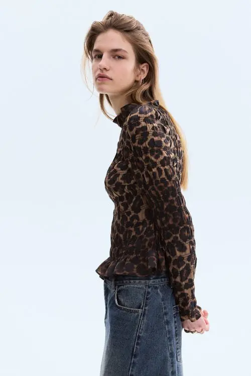 H&m Smocked Top With Frill Trims - Beige/leopard Print