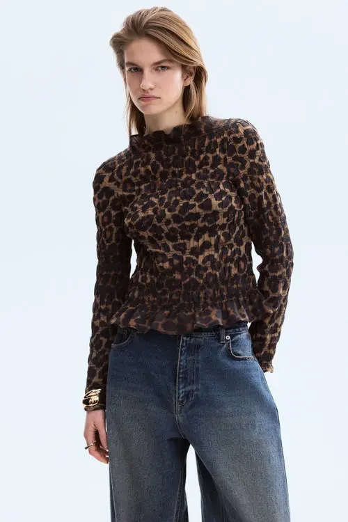 H&m Smocked Top With Frill Trims - Beige/leopard Print