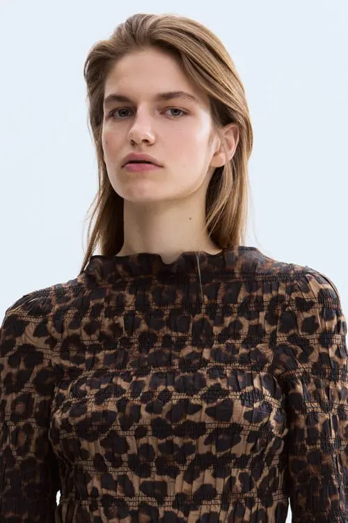 H&m Smocked Top With Frill Trims - Beige/leopard Print