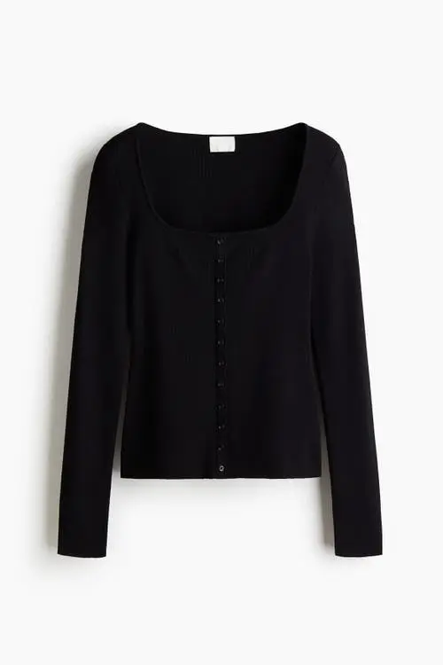H&m Fitted Square-neck Fine Knit Long-sleeved Top - Black