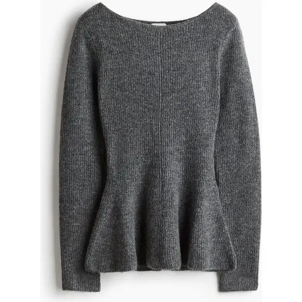 H&m Rib-knit Peplum Top With Boat Neckline - Dark Gray