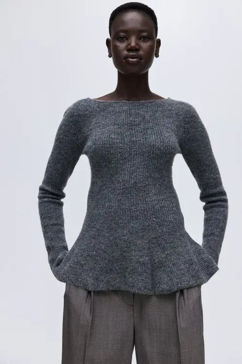 H&m Rib-knit Peplum Top With Boat Neckline - Dark Gray