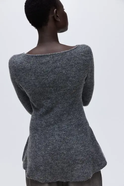H&m Rib-knit Peplum Top With Boat Neckline - Dark Gray
