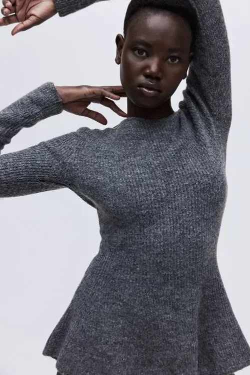 H&m Rib-knit Peplum Top With Boat Neckline - Dark Gray