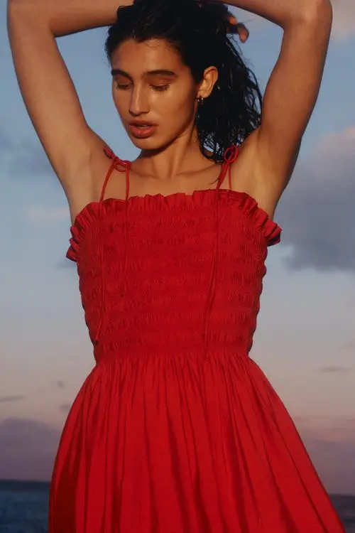 H&m Smocked Bodice Tie-strap Striped Midi Dress - Bright Red
