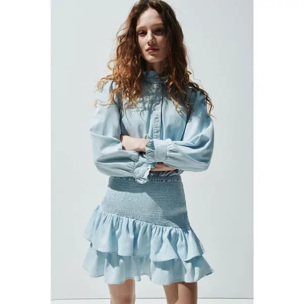 H&m Smocked Tiered Denim Mini Skirt - Light Blue