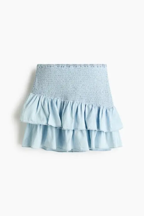 H&m Smocked Tiered Denim Mini Skirt - Light Blue