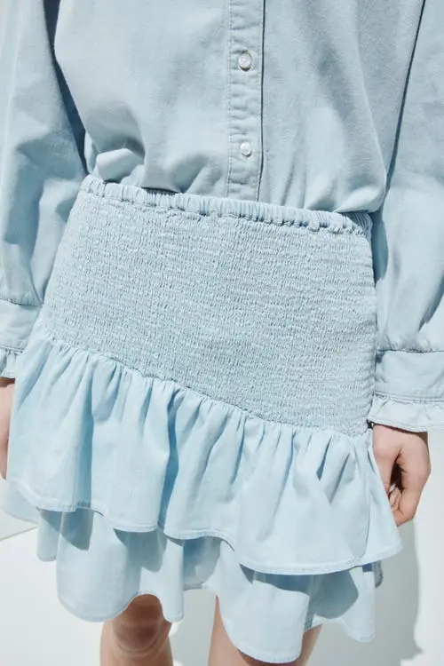 H&m Smocked Tiered Denim Mini Skirt - Light Blue