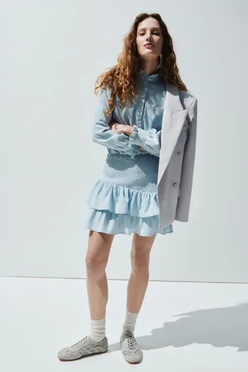 H&m Smocked Tiered Denim Mini Skirt - Light Blue