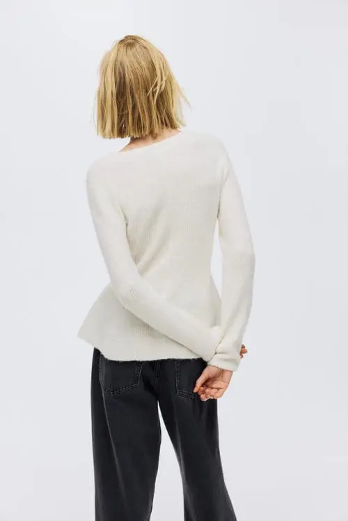 H&m Rib-knit Peplum Cardigan With Round Neckline - Cream