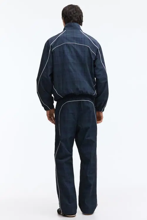 H&m Relaxed Fit Nylon Track Pants - Dark Blue/plaid
