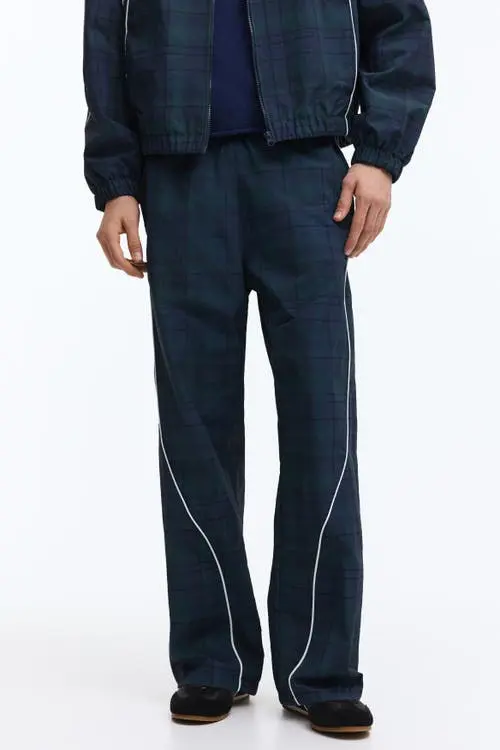 H&m Relaxed Fit Nylon Track Pants - Dark Blue/plaid