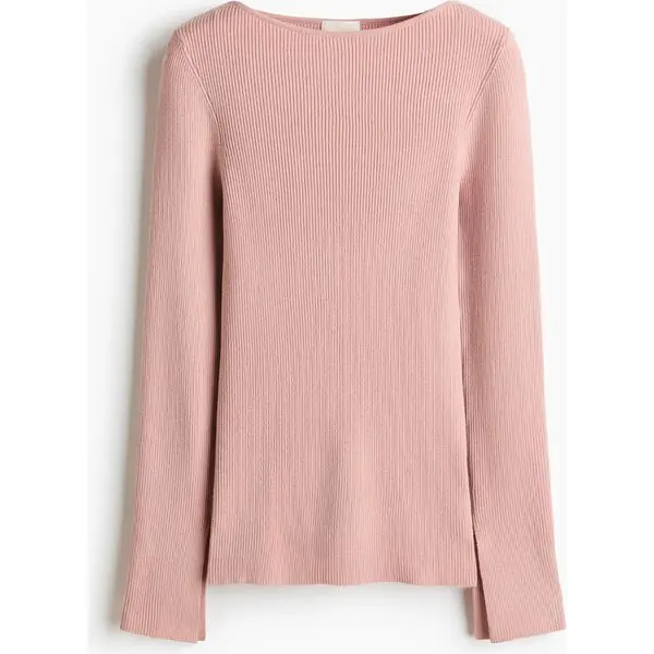H&m Rib-knit Boat Neck Long Sleeve Top With Cuffed Slits - Light Pink